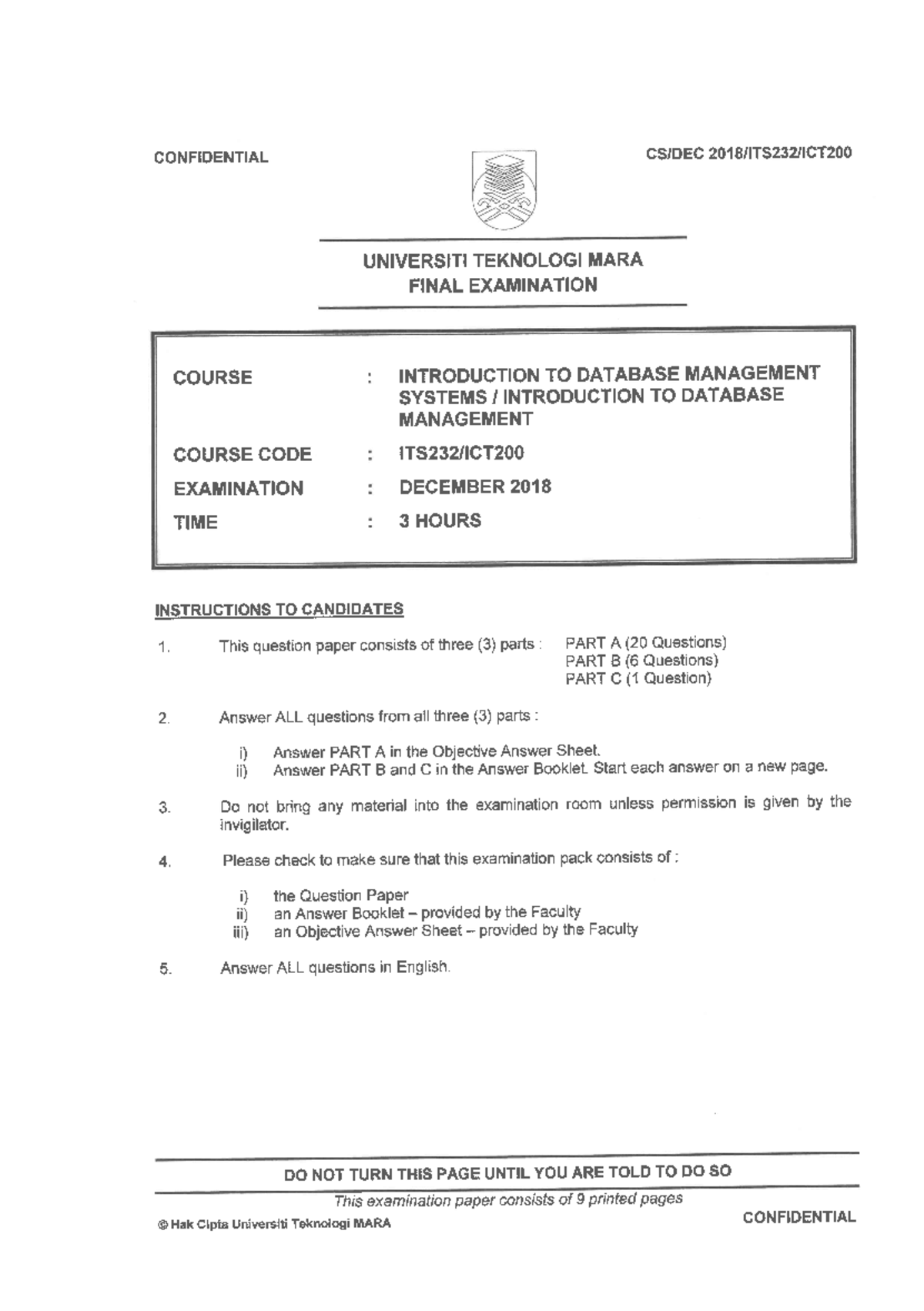 ICT200 DEC 2018 - CONFIDENTIAL UNIVERSITI TEKNOLOGI MARA FINAL ...