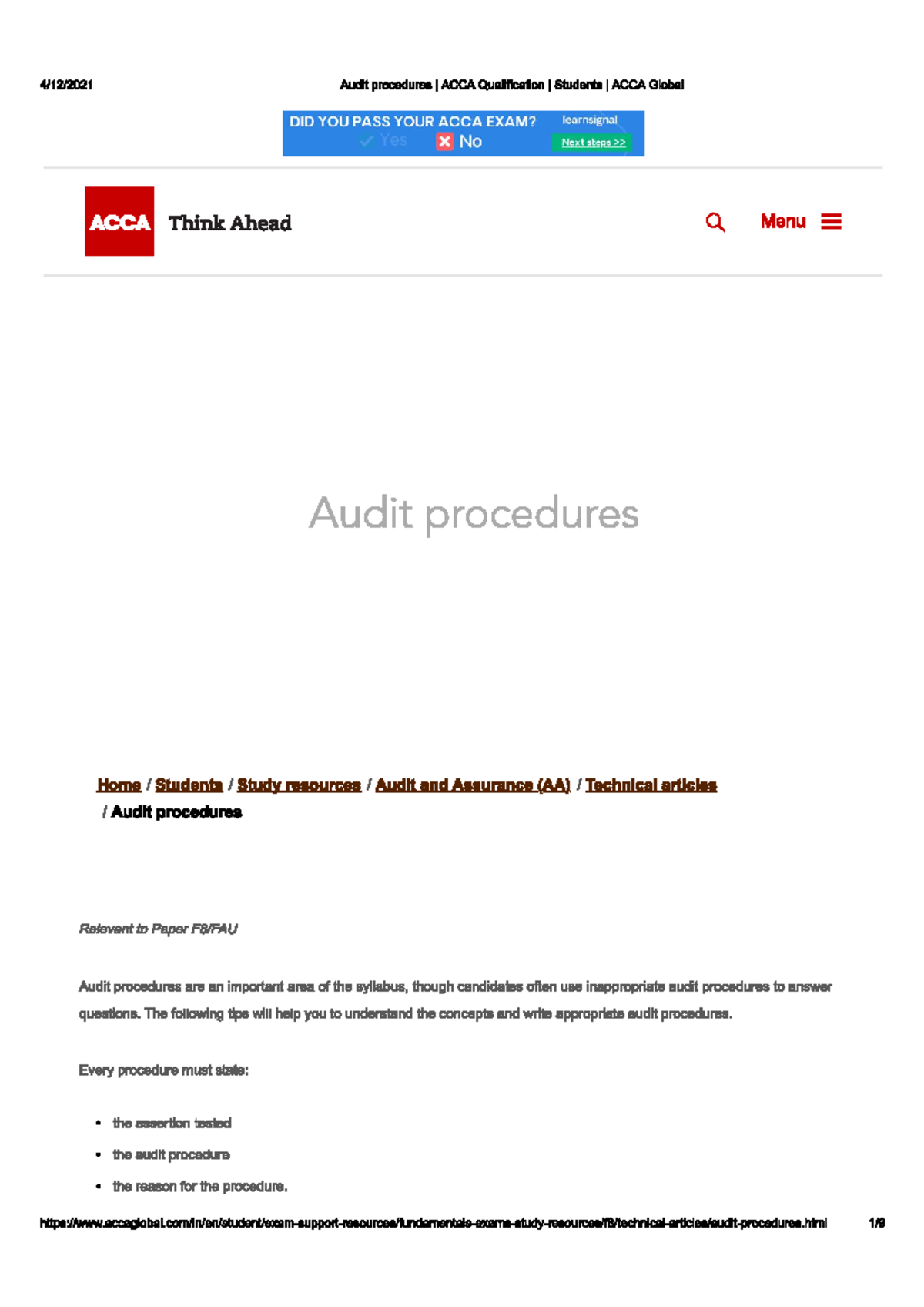 ACCA - Audit Procedures and Assertions explained - Audit procedures I ...