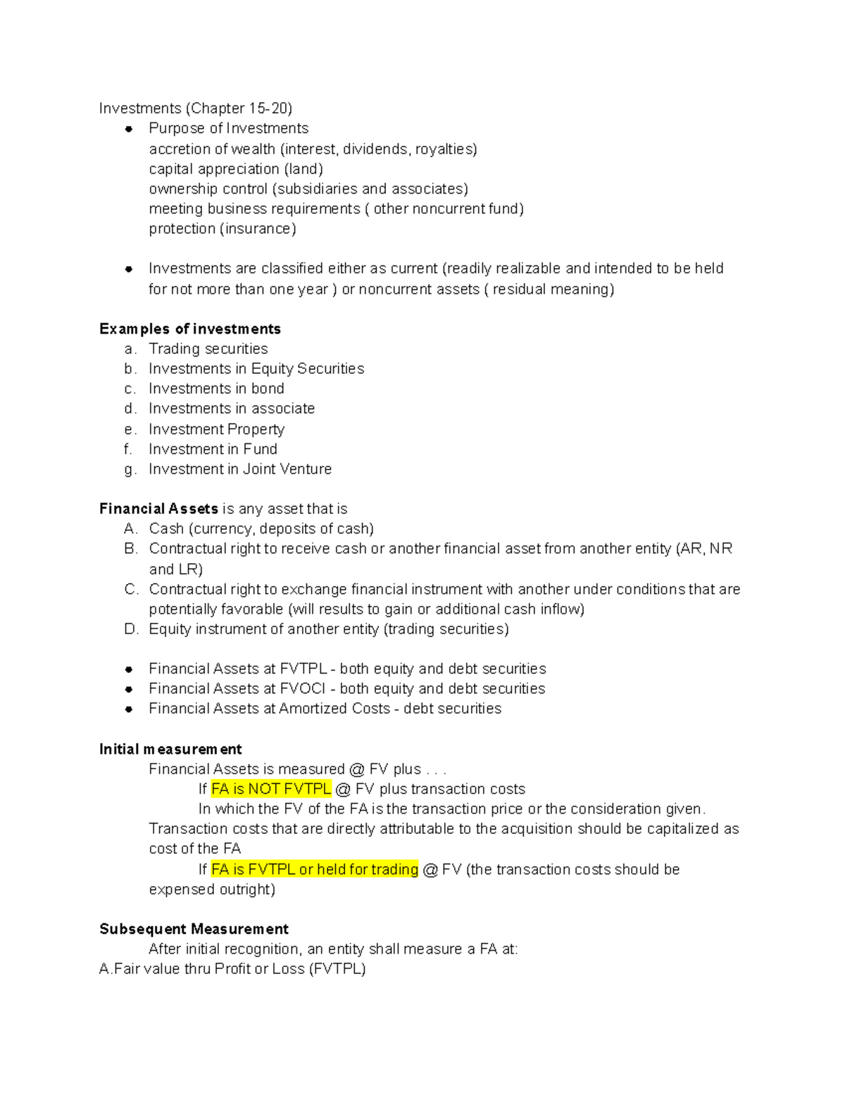 Investment Recap - Lecture notes 1 - Investments (Chapter 15-20 ...