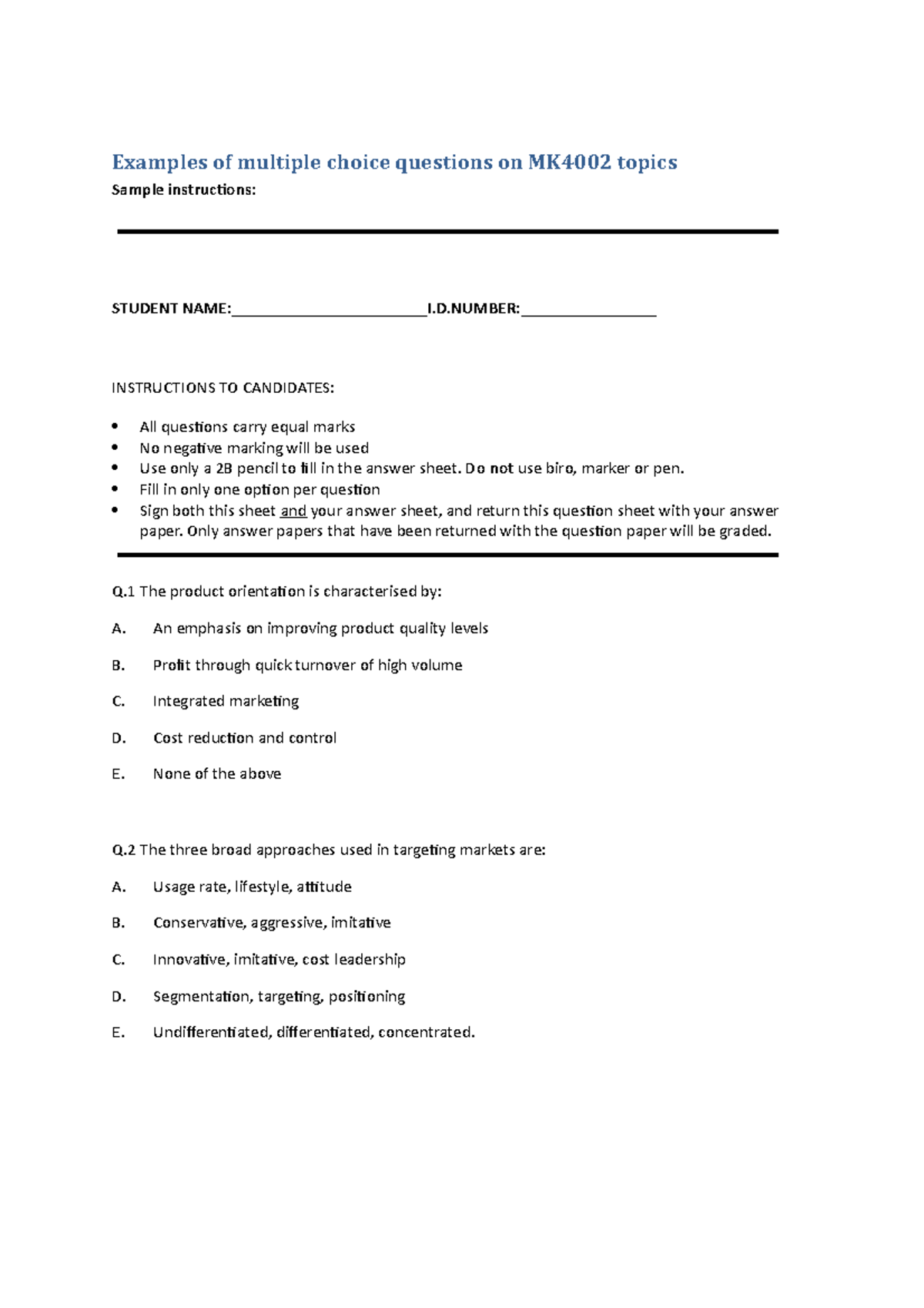 Examples Of Multiple Choice Questions On MK4002 Topics Do Not Use
