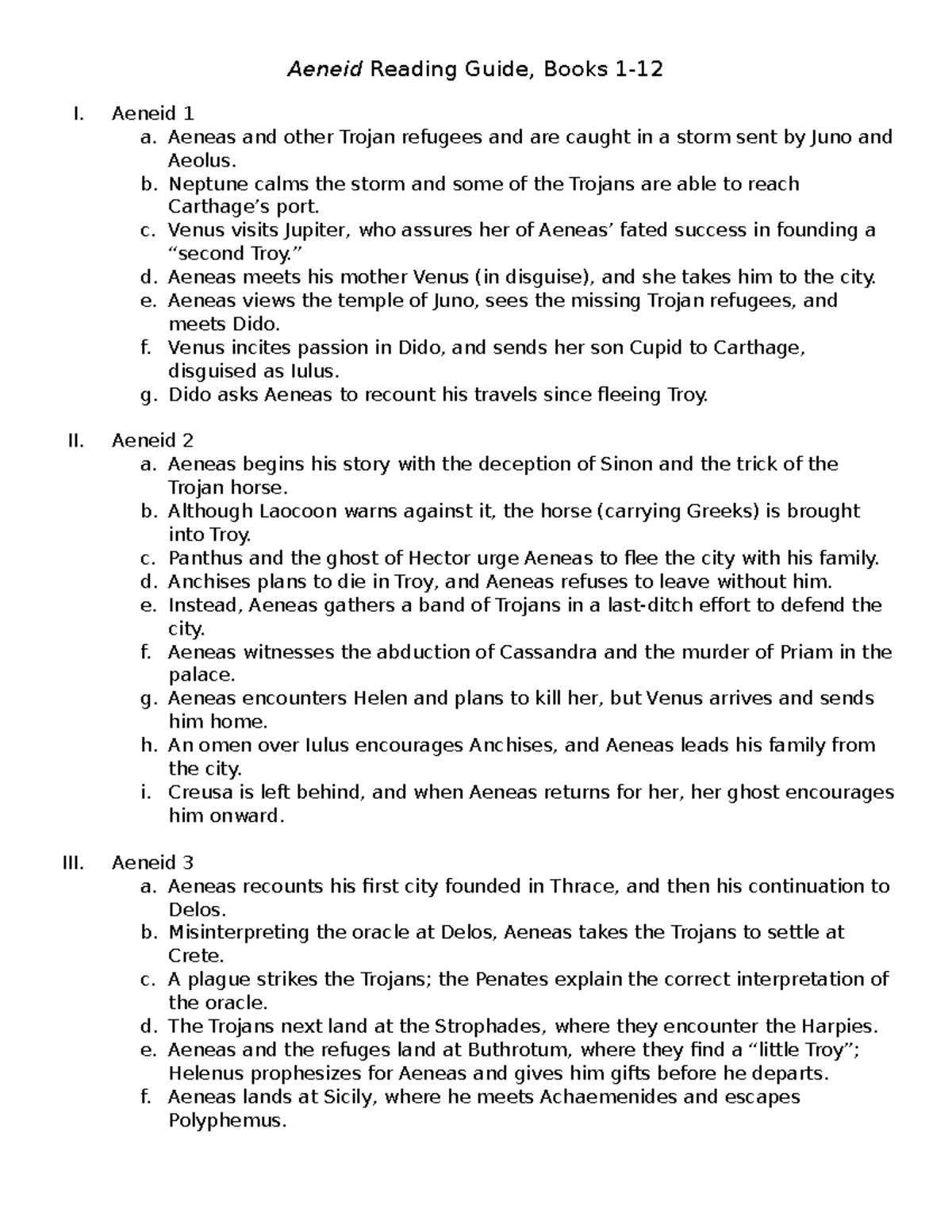 Aeneid Reading Guide - Prof. Andrianovitch - I. Aeneid 1 a. Aeneas and ...