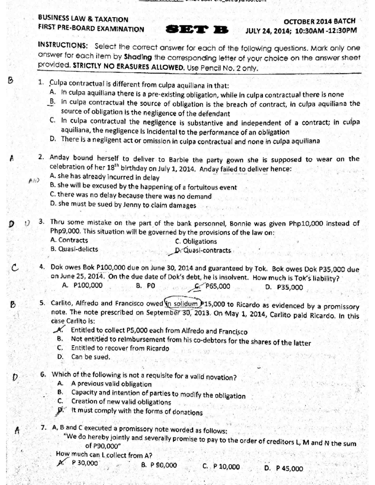 Business Law PRE Board - Practice questions with answers - Bachelor of ...