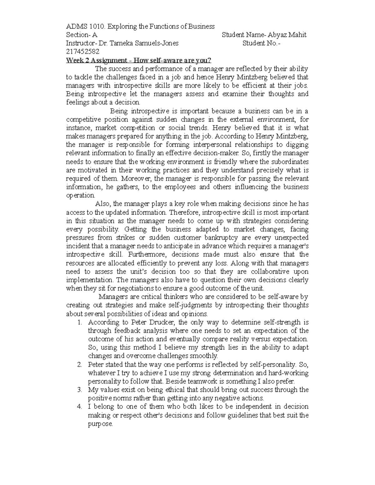 Week 2 Assignment - ADMS 1010. Exploring the Functions of Business Section- A Student Name ...