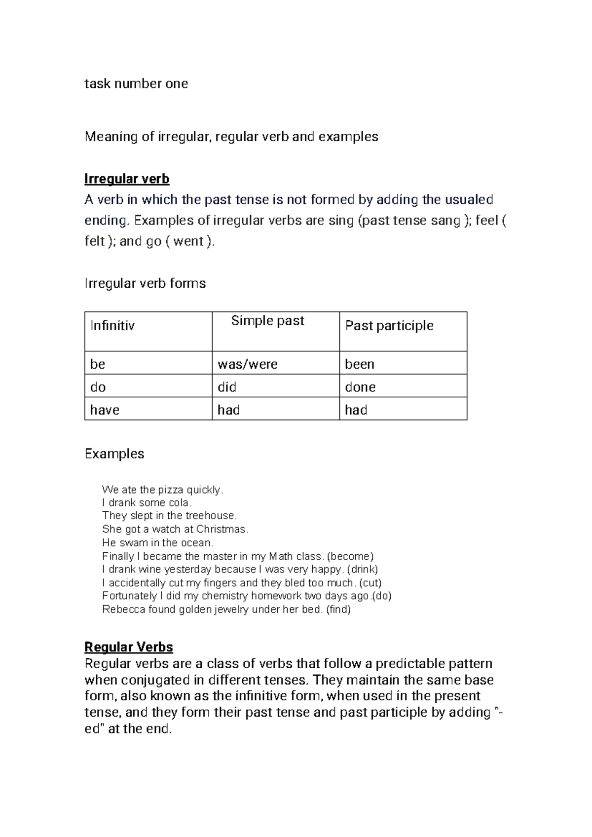 Inglés 1 - Apuntes - task number one Meaning of irregular, regular verb ...