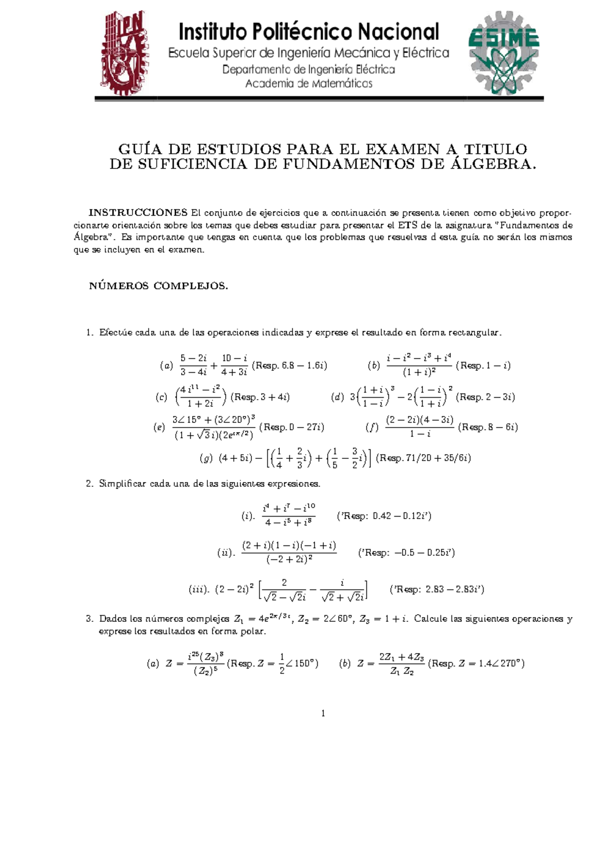 58111935 Guia ETS para fundamentos de algebra - GU ́IA DE ESTUDIOS PARA EL EXAMEN A TITULO DE ...