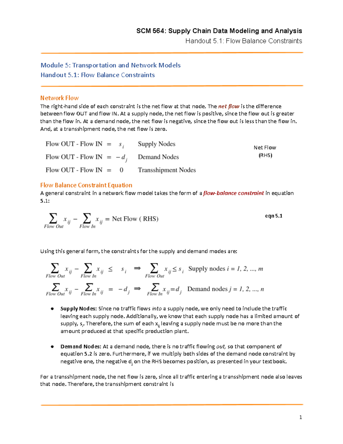 Mod 05 Handout 5.1 Flow Balance Constraints - SCM 564: Supply Chain ...