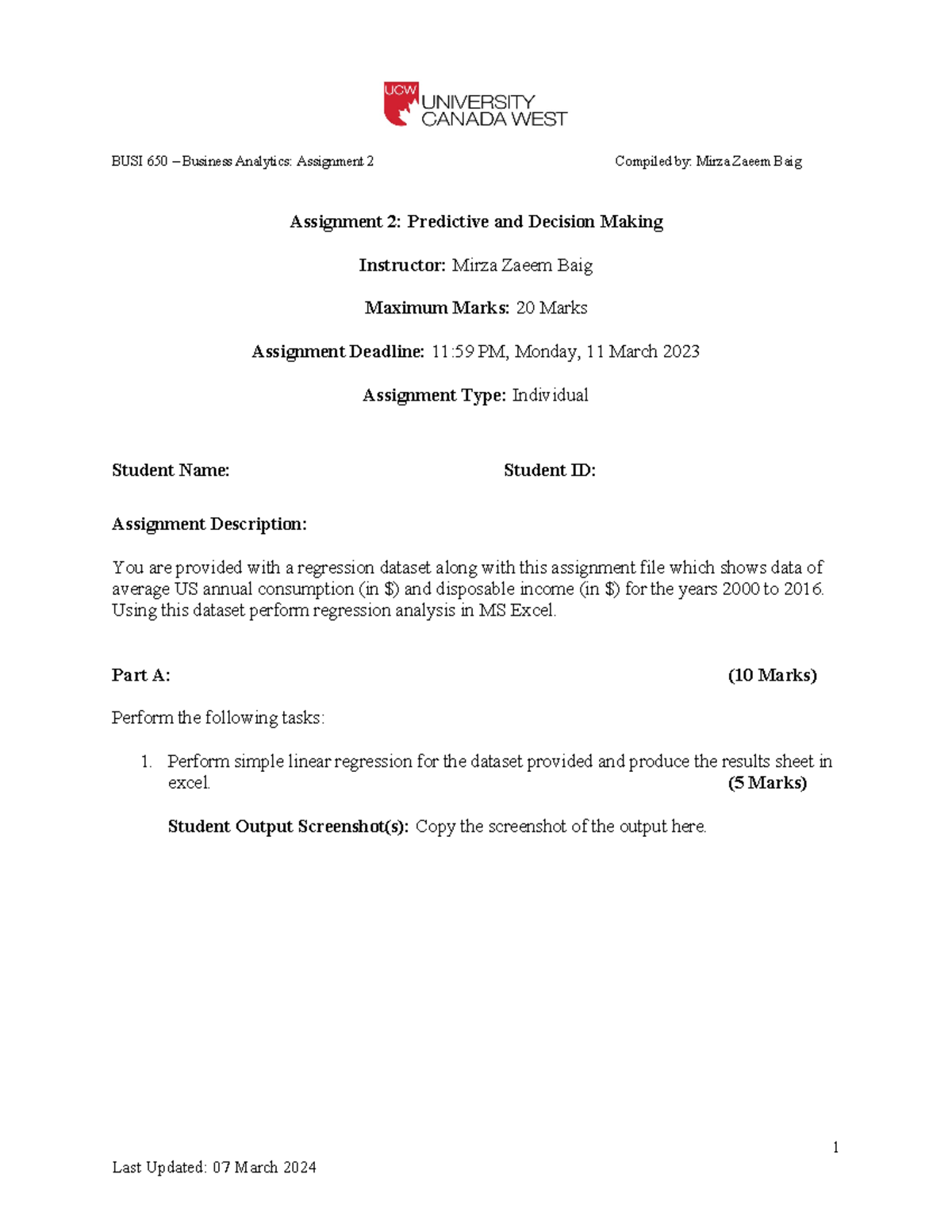 BUSI650 Assignment 2 - BUSI 650 – Business Analytics: Assignment 2 ...