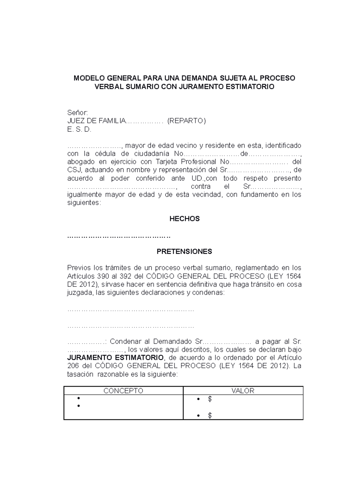 Modelo General Proceso Verbal Sumario CON Juramento - MODELO GENERAL ...
