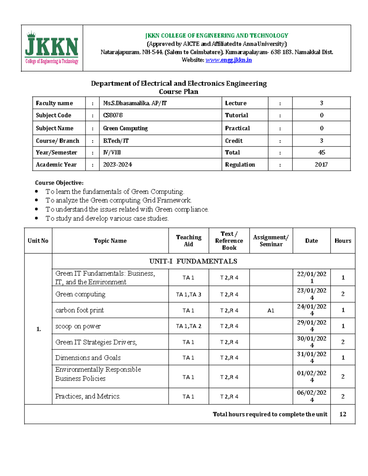 Cs8078 lesson plan - yth - JKKN COLLEGE OF ENGINEERING AND TECHNOLOGY ...
