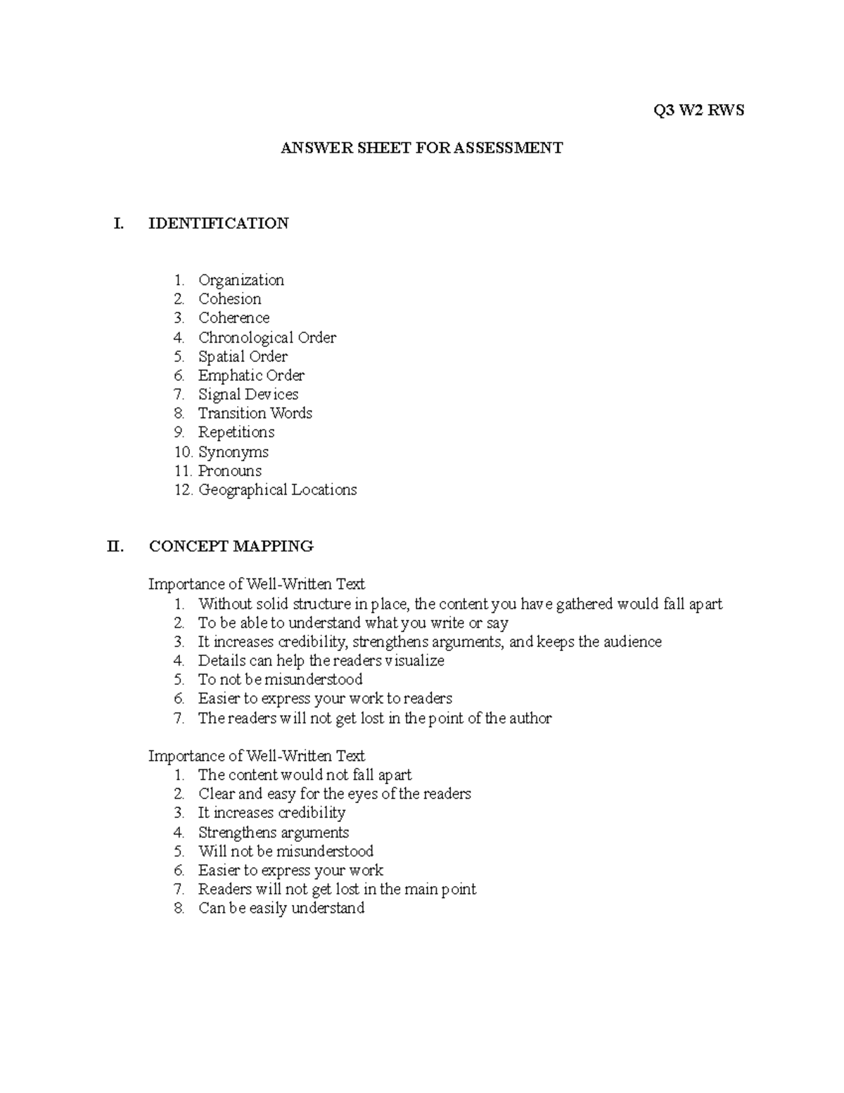 Q3 W2 RWS - ANSWER SHEET FOR ASSESSMENT. Reading and Writing Skills ...