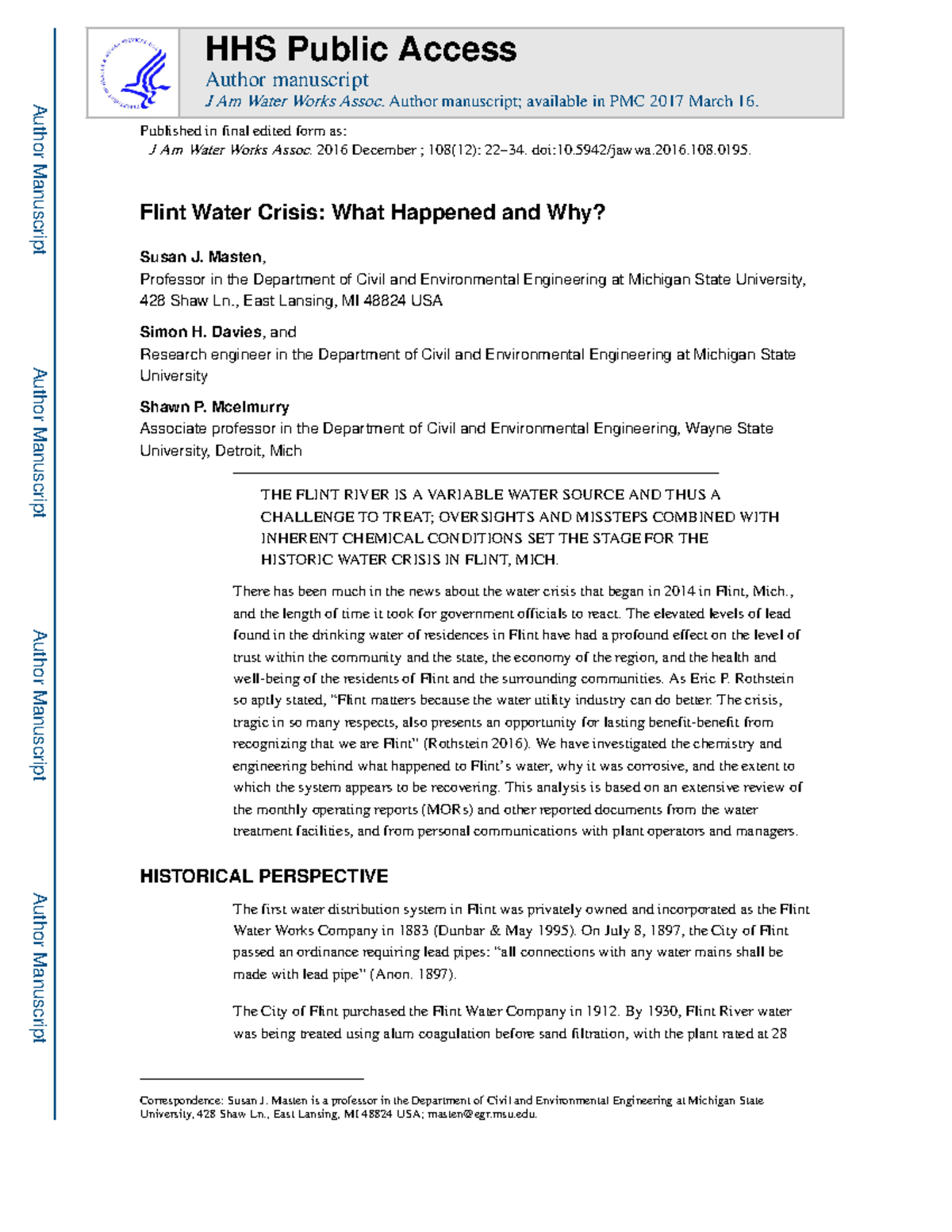 Nihms 845813 - work for class - Flint Water Crisis: What Happened and ...