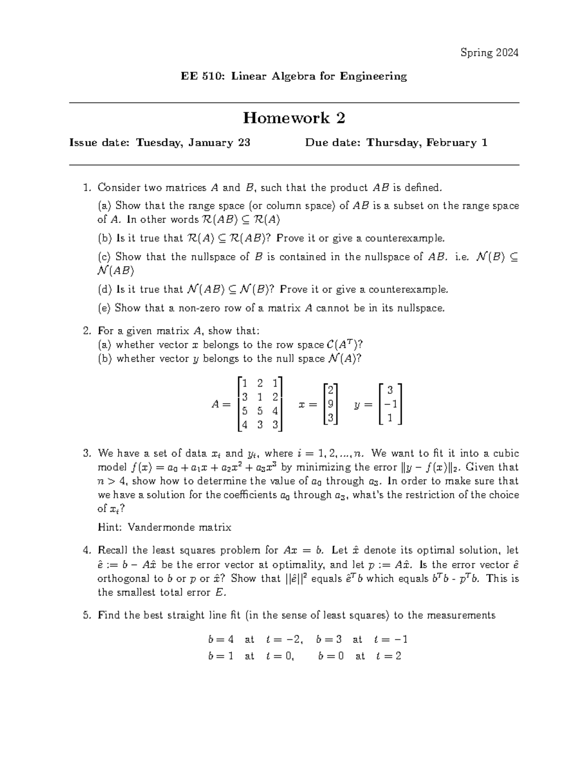 Hw2corrected - Spring 2024 EE 510: Linear Algebra for Engineering ...
