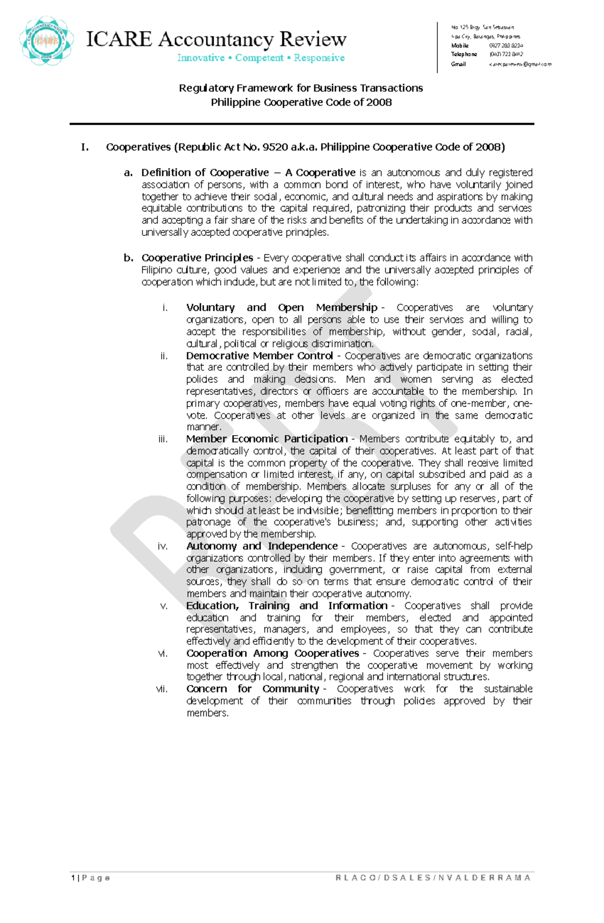 RFBT 06 02 Philippine Cooperative Code Discussion notes with quizzers ...