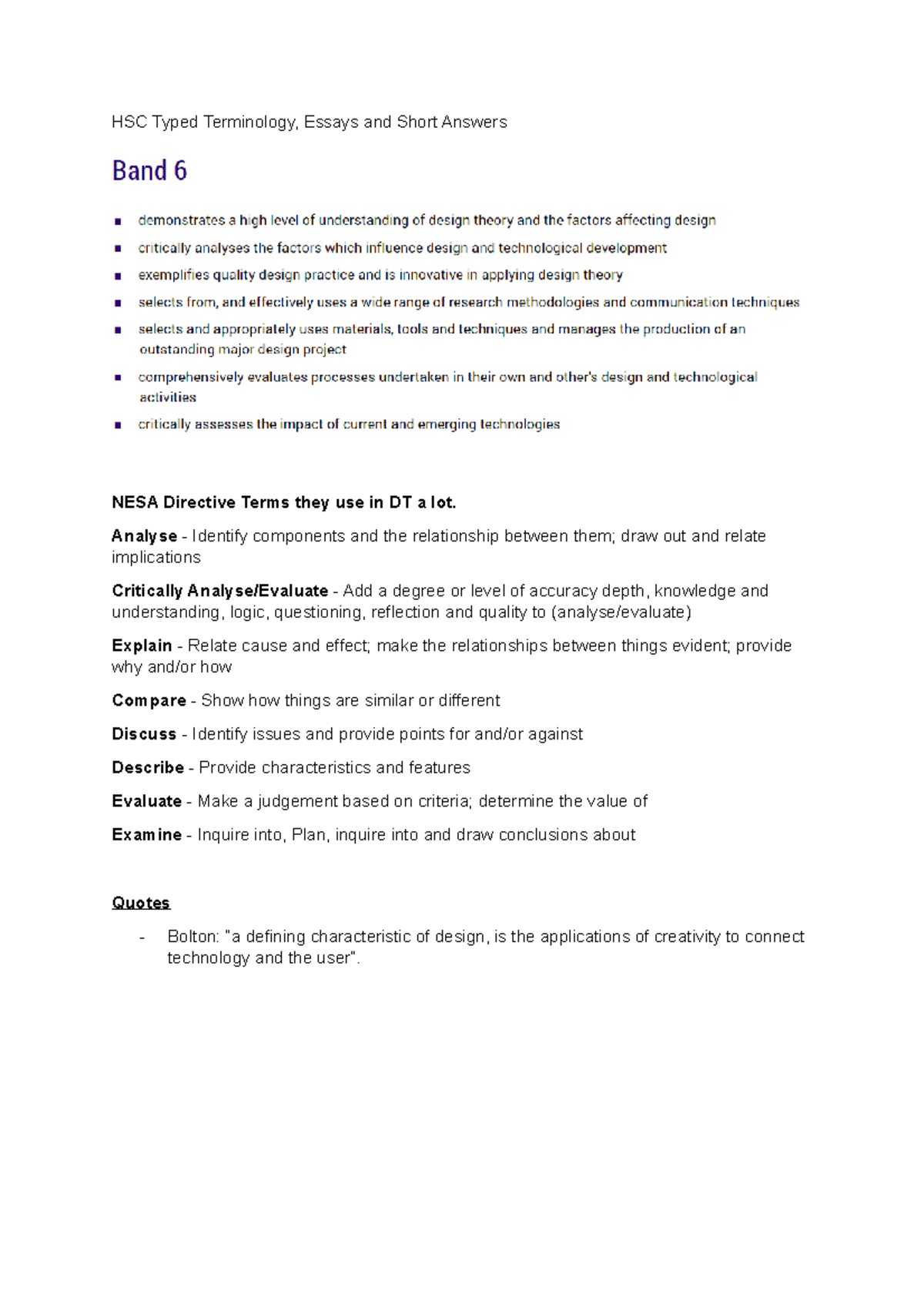 DT Essays and Short Answers 1 - HSC Typed Terminology, Essays and Short ...