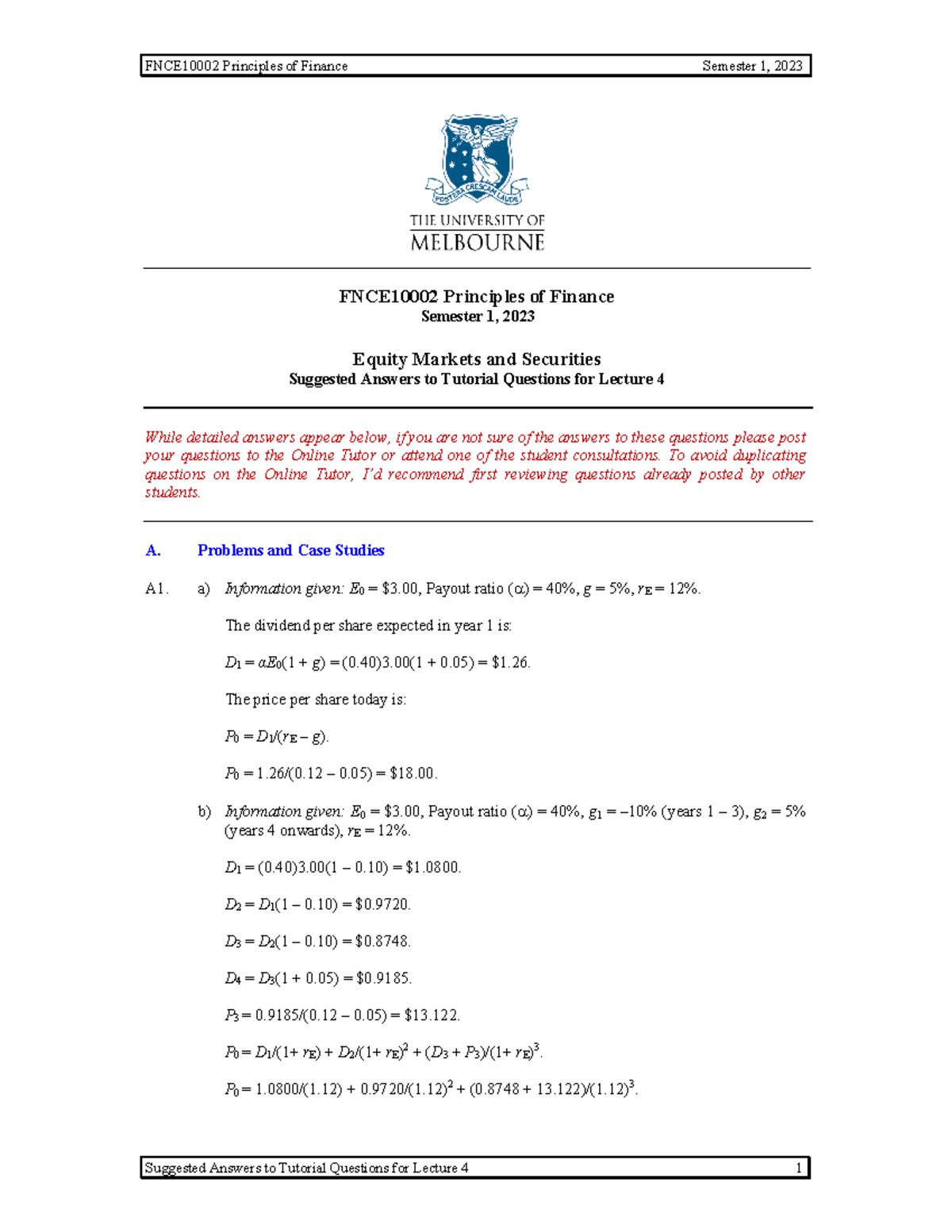 Tutorial 04 - Equity Val - Ans - FNCE10002 Principles of Finance ...