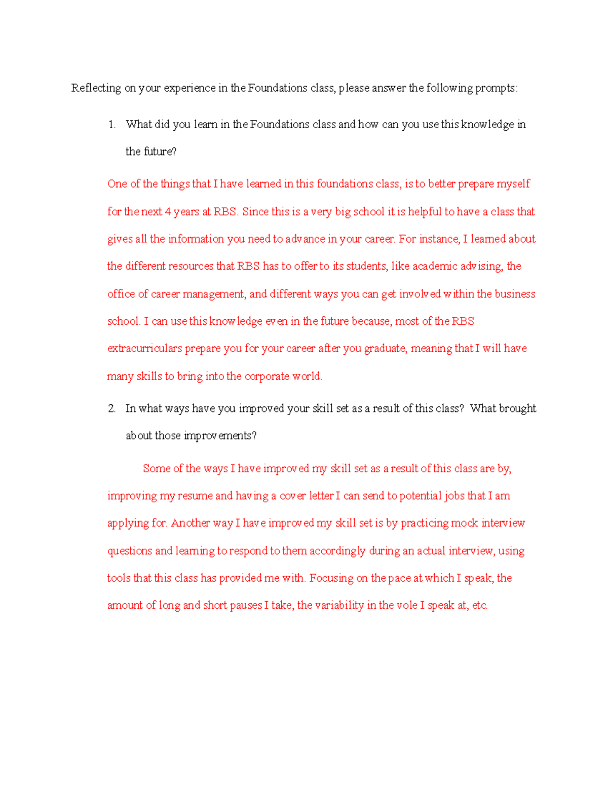 Foundations Reflection - Reflecting on your experience in the ...