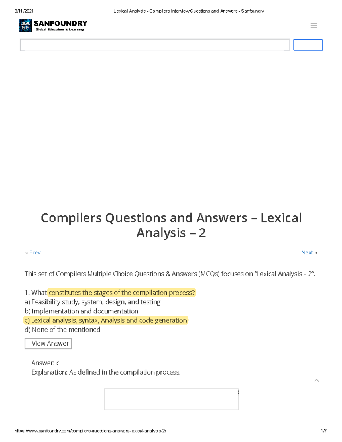 Lexical Analysis - Compilers Interview Questions and Answers - Sanfoundry - « Prev Next ...