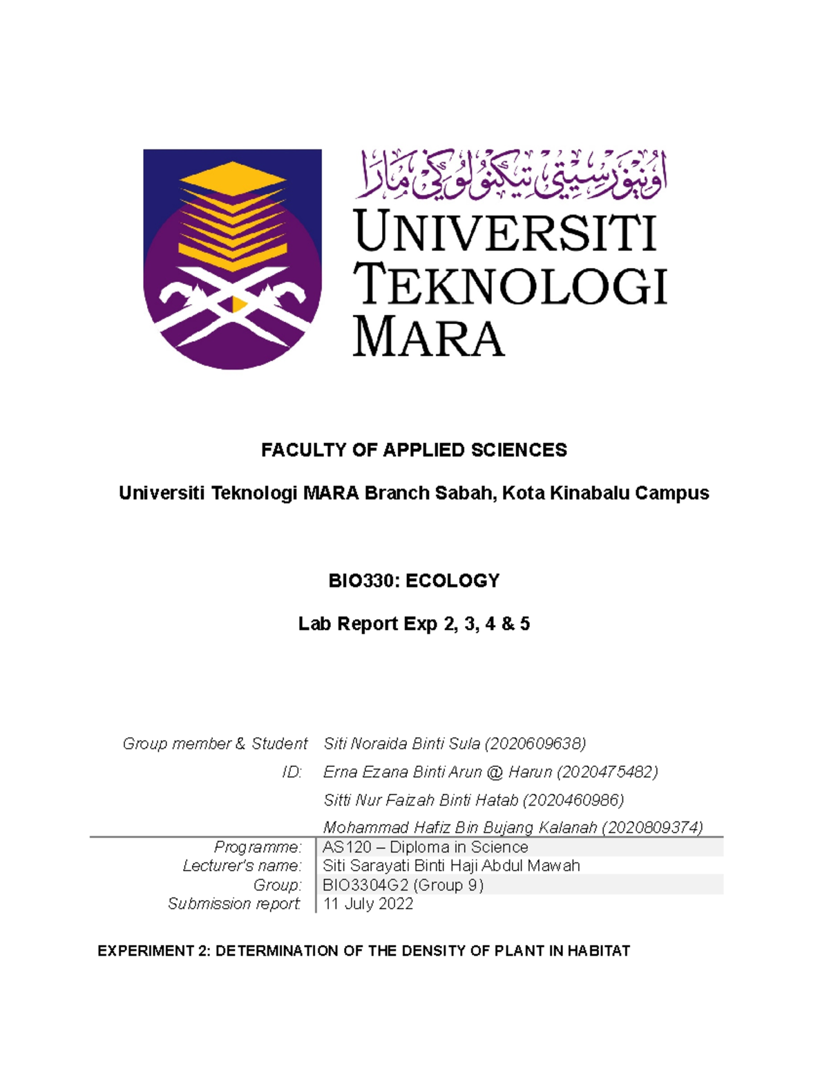 LAB Report BIO330 4G2 (Group 9) - FACULTY OF APPLIED SCIENCES ...