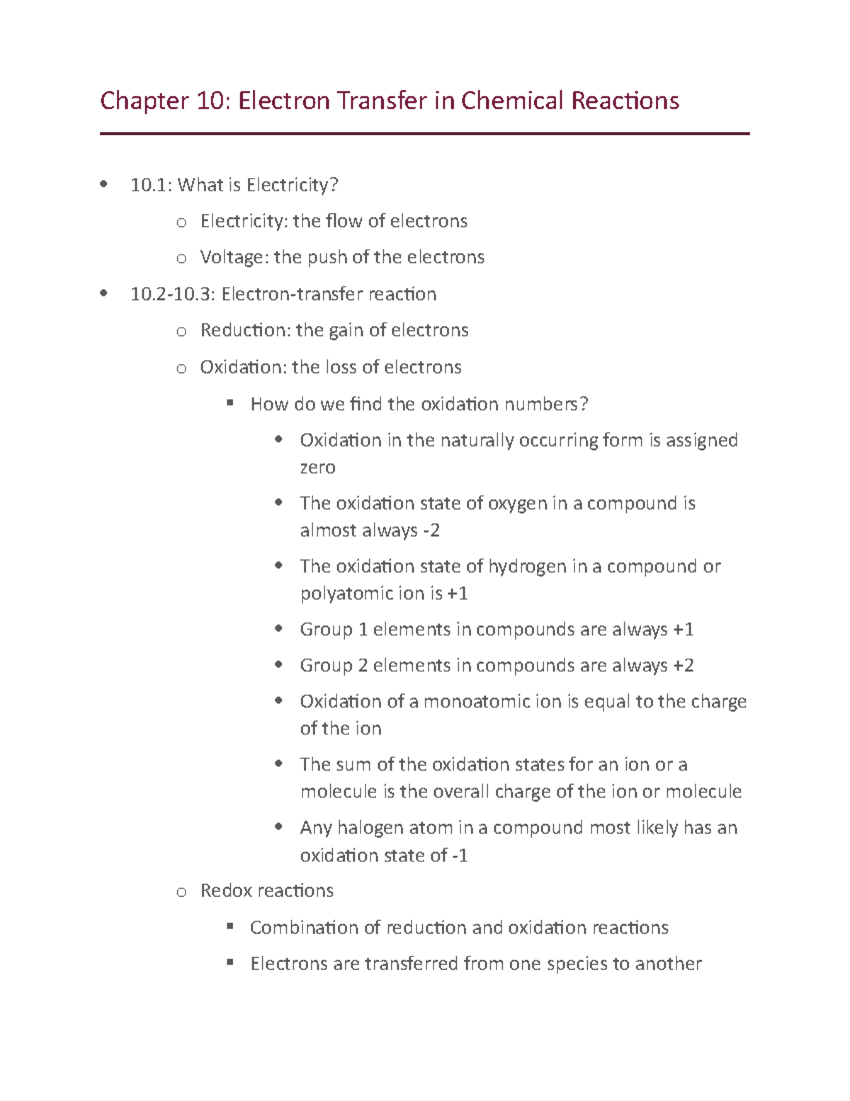 Chapter 10 Notes - Lecture - Chapter 10: Electron Transfer in Chemical ...