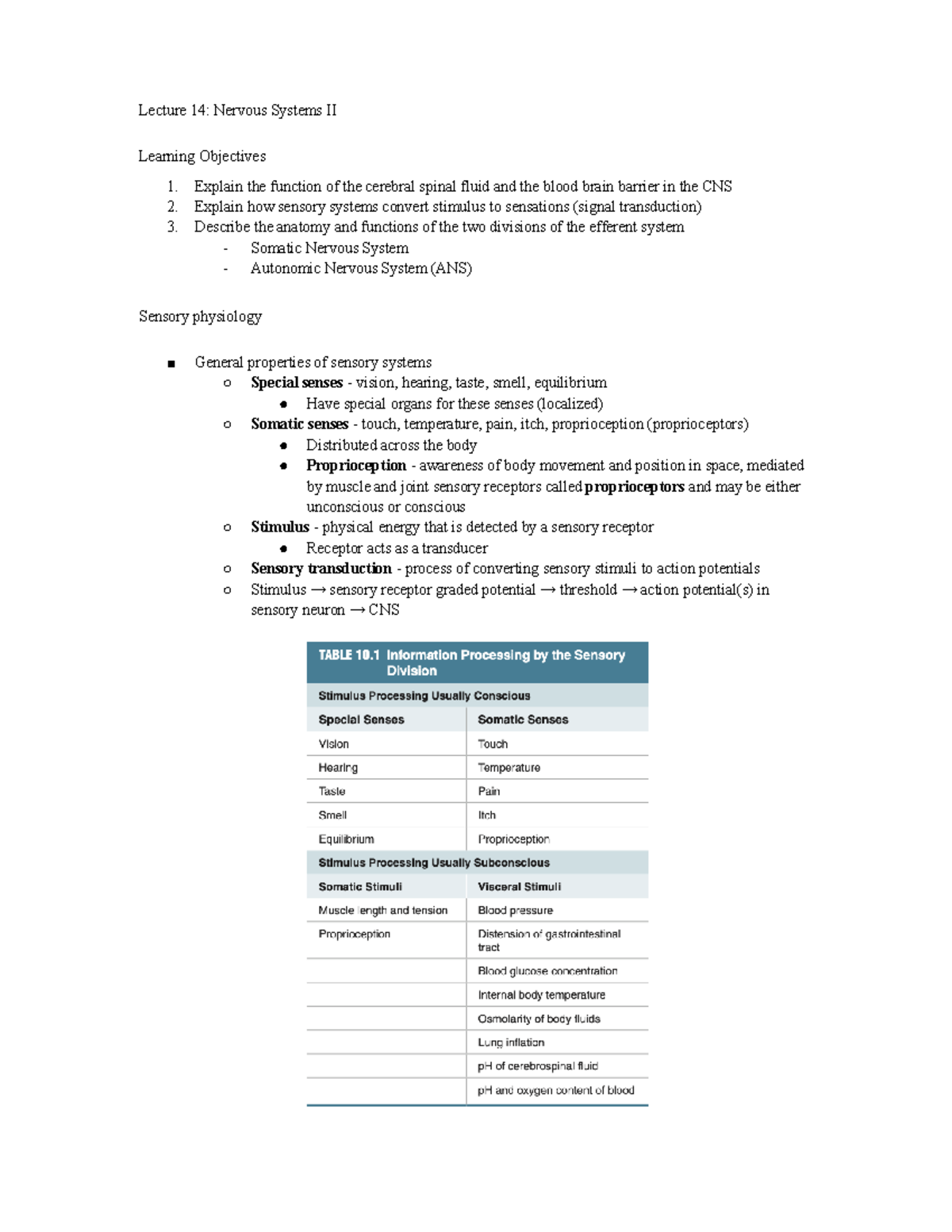 BIO 203 Lecture 14 Nervous Systems II - PSY 103 - SBU - Studocu