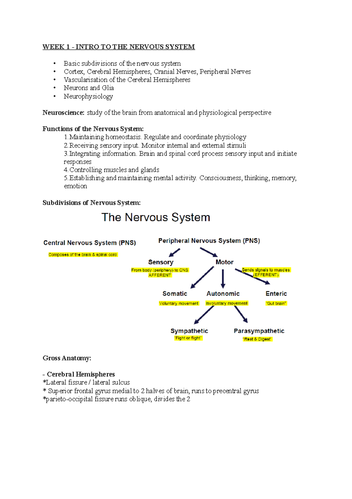 BMS255 Notes - WEEK 1 - INTRO TO THE NERVOUS SYSTEM Basic subdivisions ...