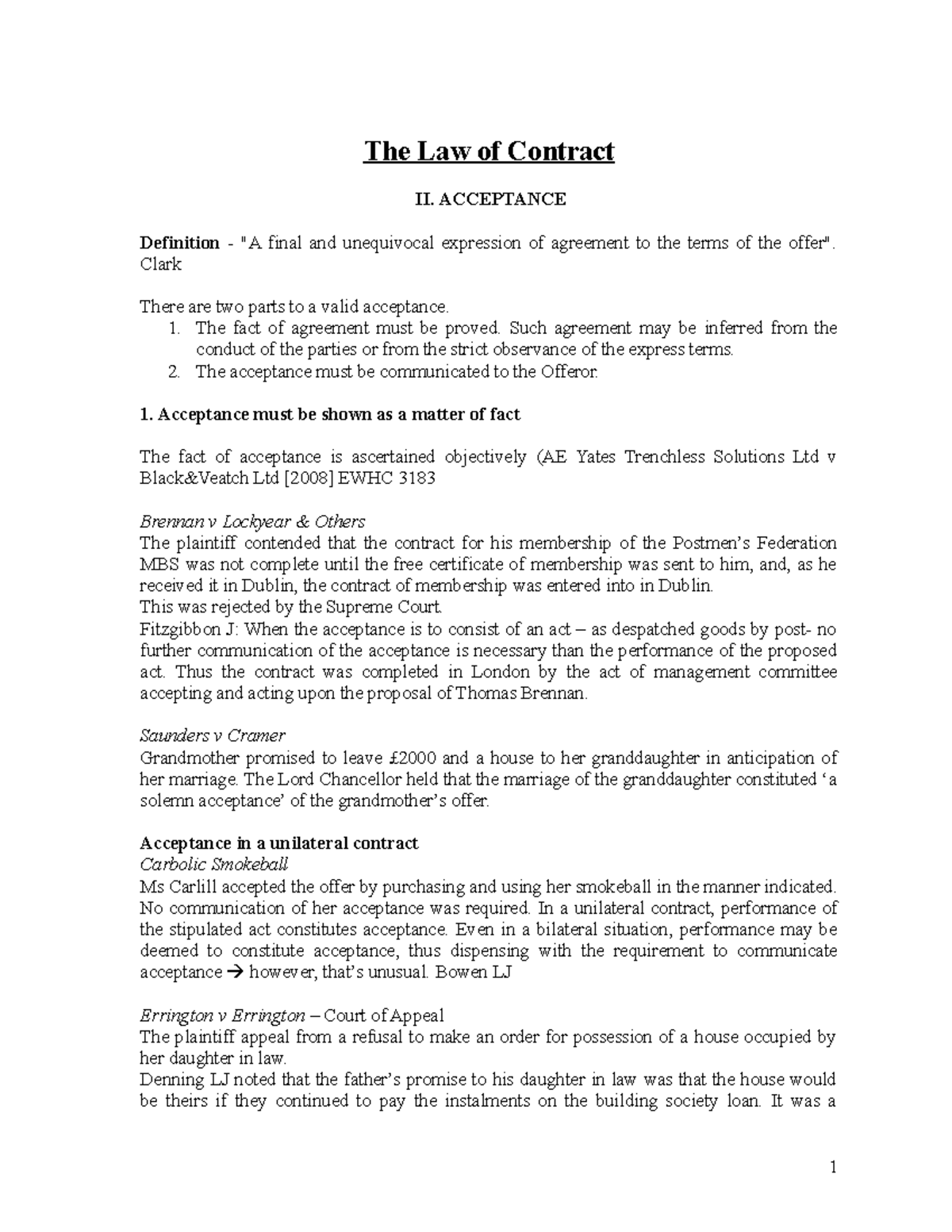 Acceptance - notes - The Law of Contract II. ACCEPTANCE Definition ...