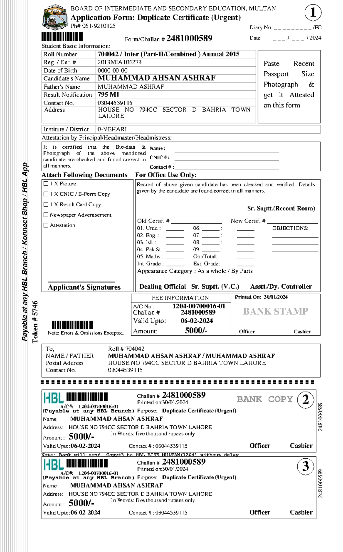 Form duplicate 2 481 000589 - BOARD OF INTERMEDIATE AND SECONDARY ...