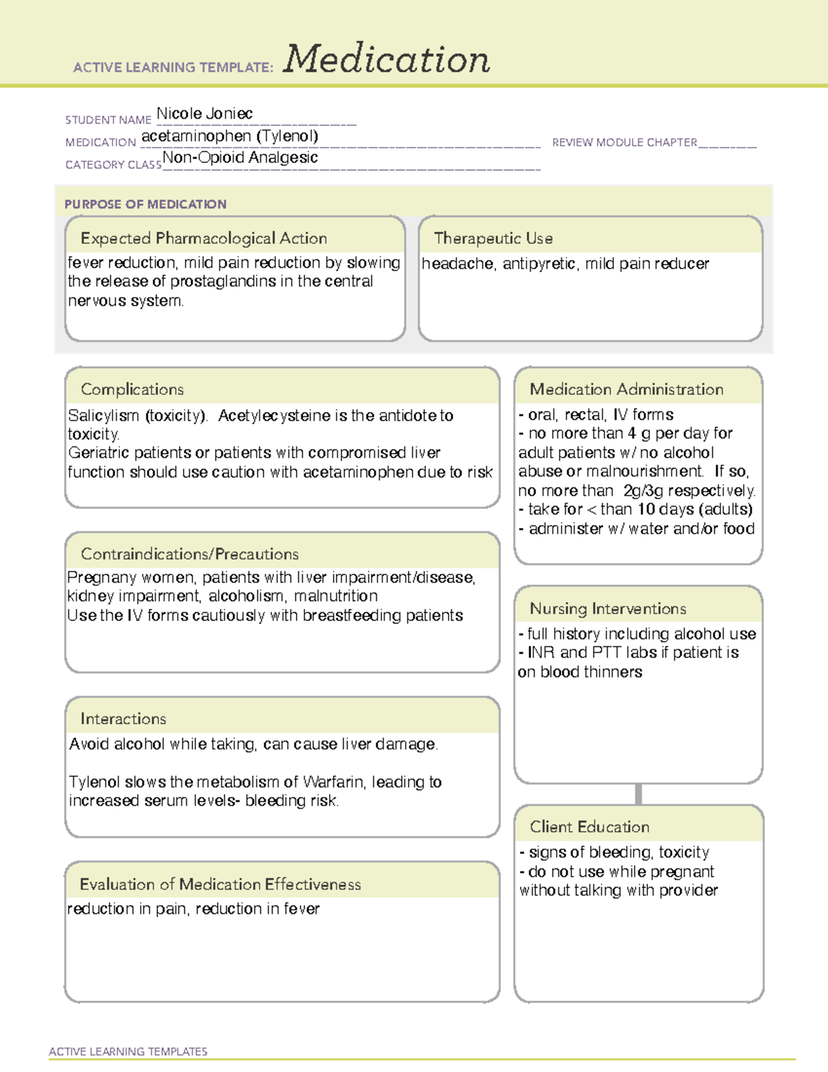 Acetaminophen - ACTIVE LEARNING TEMPLATES Medication STUDENT NAME - Studocu