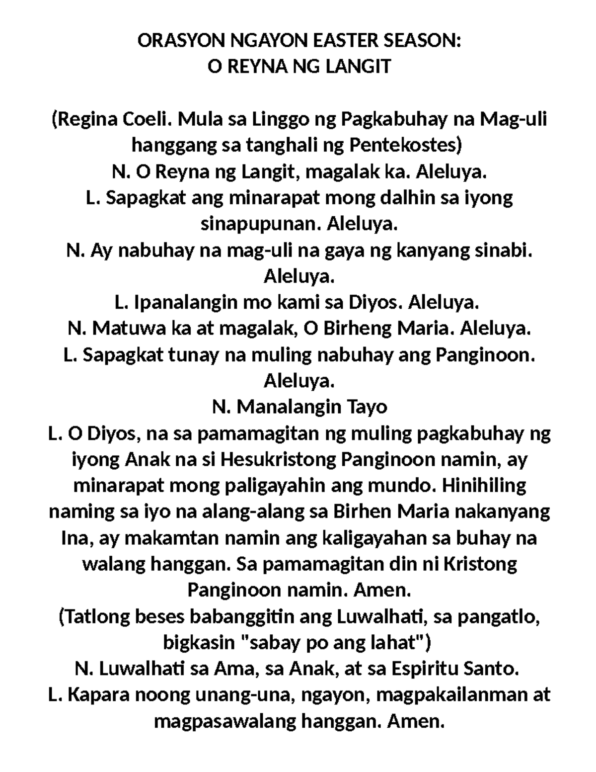Orasyon Ngayon Easter Season - ORASYON NGAYON EASTER SEASON: O REYNA NG LANGIT (Regina Coeli ...