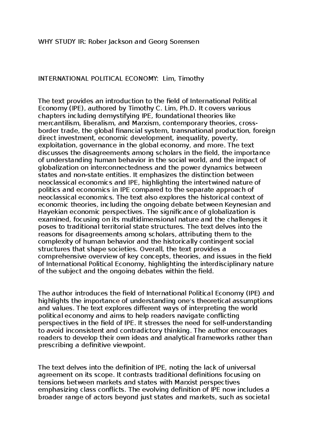 Politics EXAM Reading Summary - WHY STUDY IR: Rober Jackson and Georg Sorensen INTERNATIONAL ...