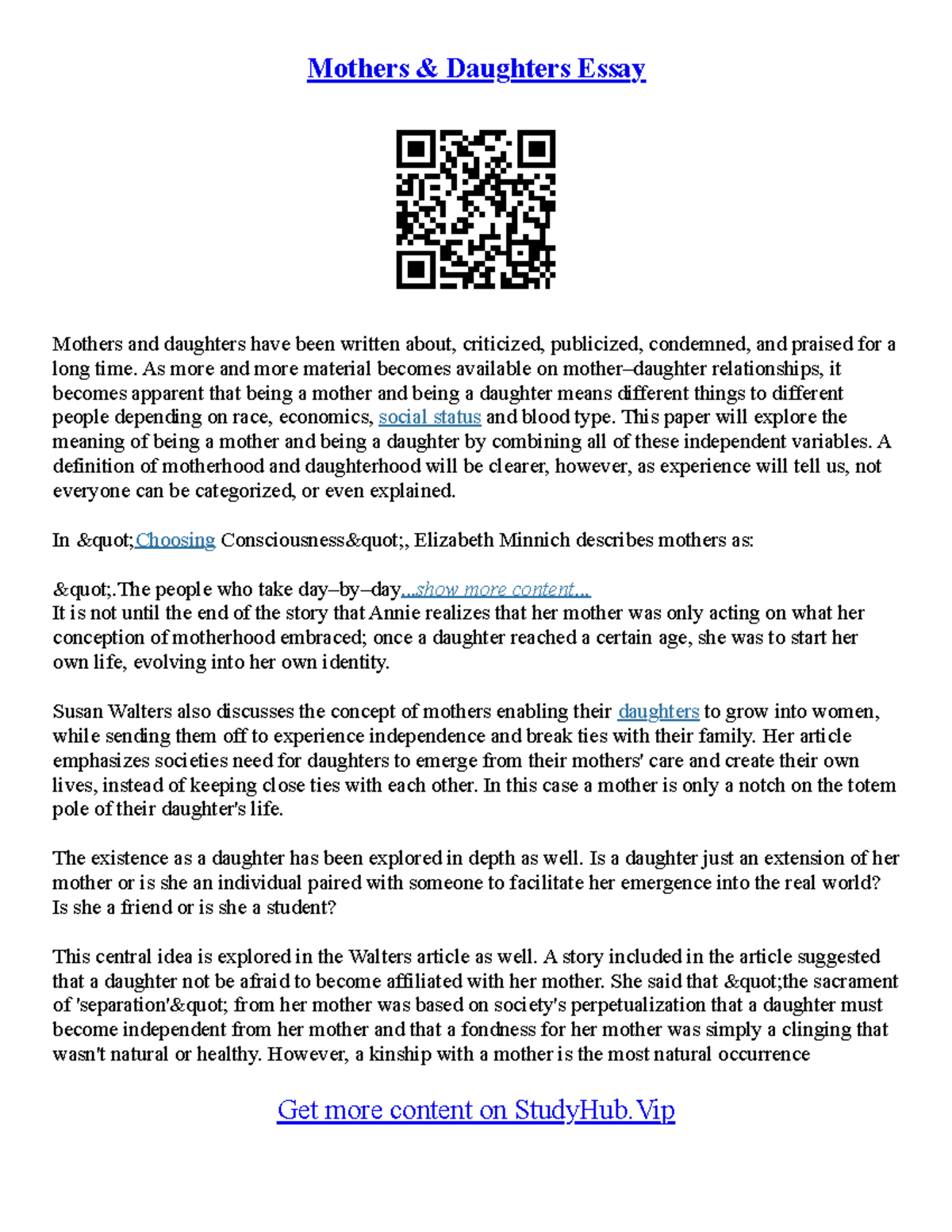 Mother Daughter Relationship Essay - Mothers & Daughters Essay Mothers ...