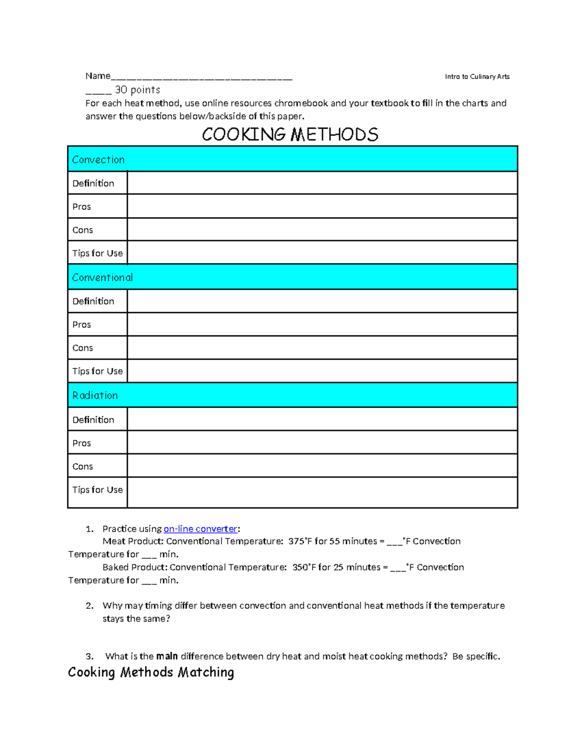 Cooking methods - Name___________________________________ Intro to ...