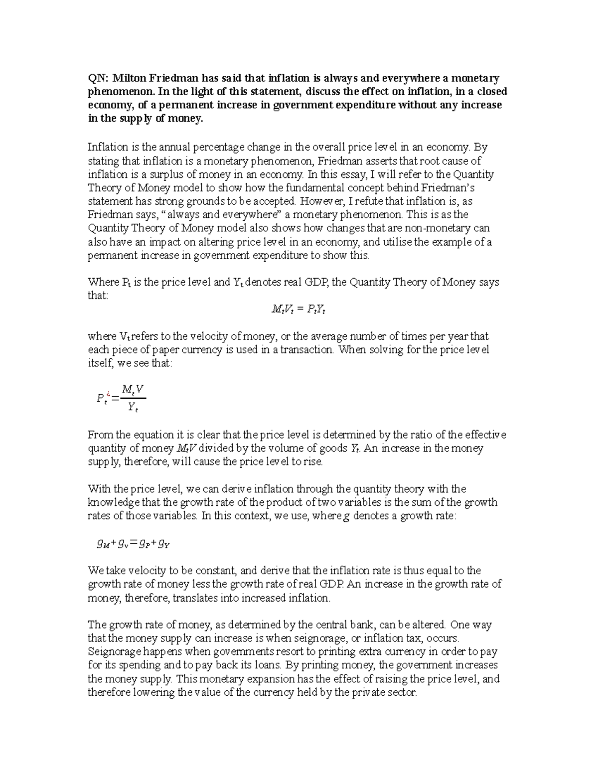 Essay - Inflation and Govt. Expenditure - QN: Milton Friedman has said ...