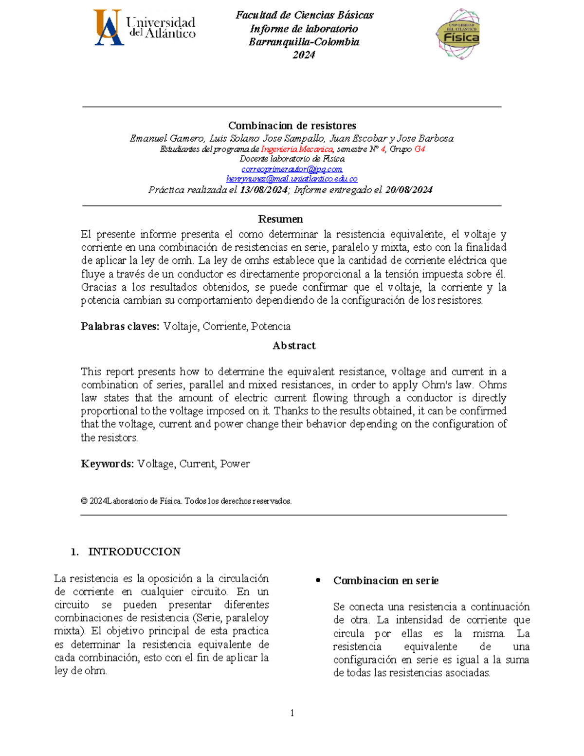 Plantilla Informe Laboratorio UA - Facultad de Ciencias Básicas Informe de laboratorio - Studocu