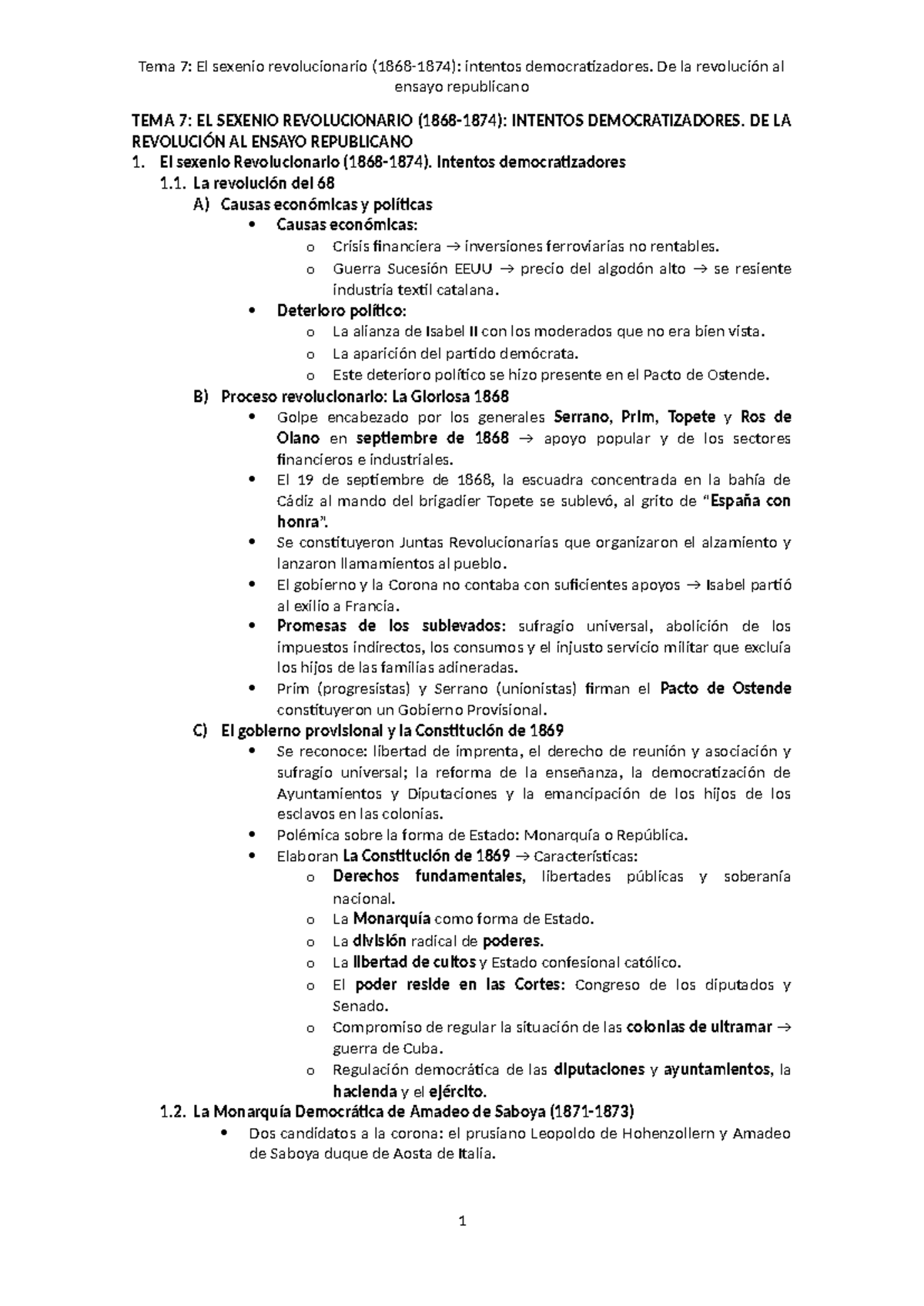 TEMA 7 EL Sexenio Revolucionario (1868-1874) Intentos Democratizadores. DE LA Revolución AL ...