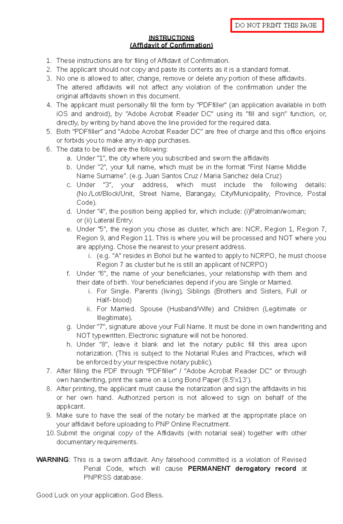 Affidavit OF Confirmation 1 - INSTRUCTIONS (Affidavit of Confirmation ...