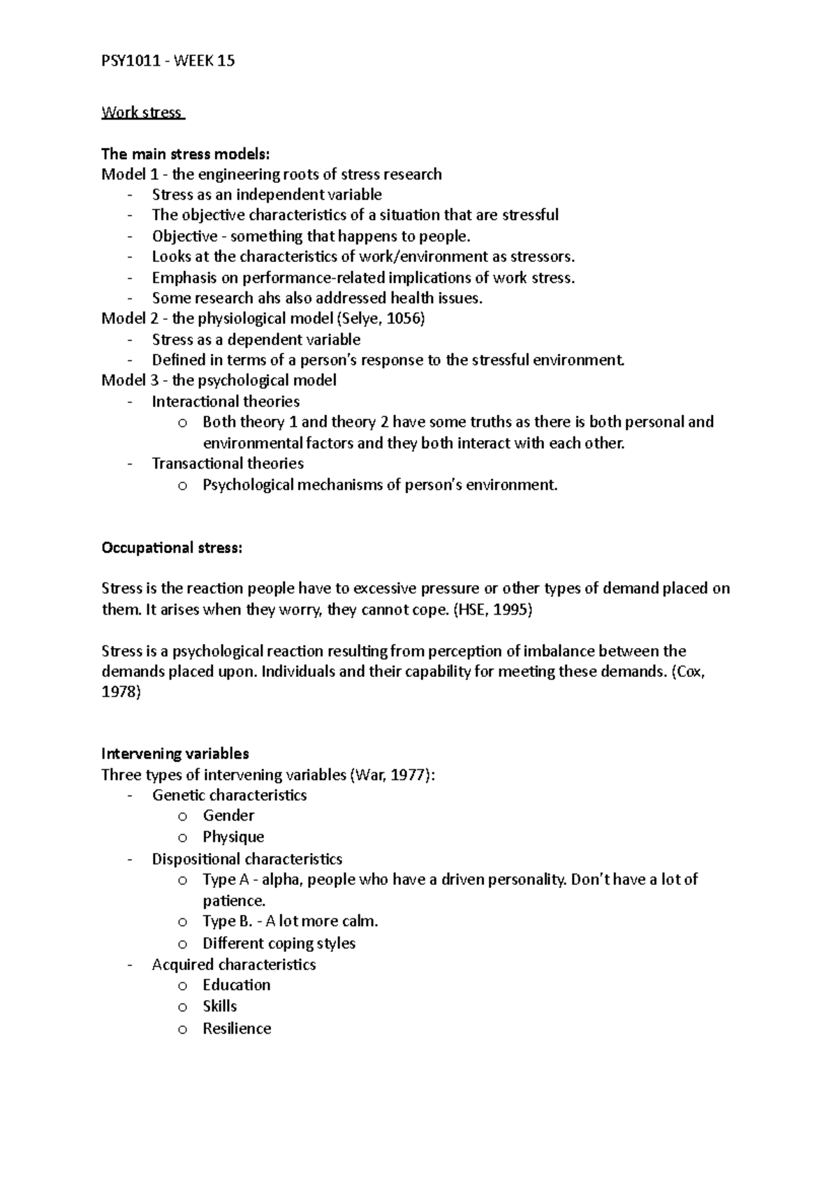 Stress week 15 - week 15 - PSY1011 - WEEK 15 Work stress The main ...
