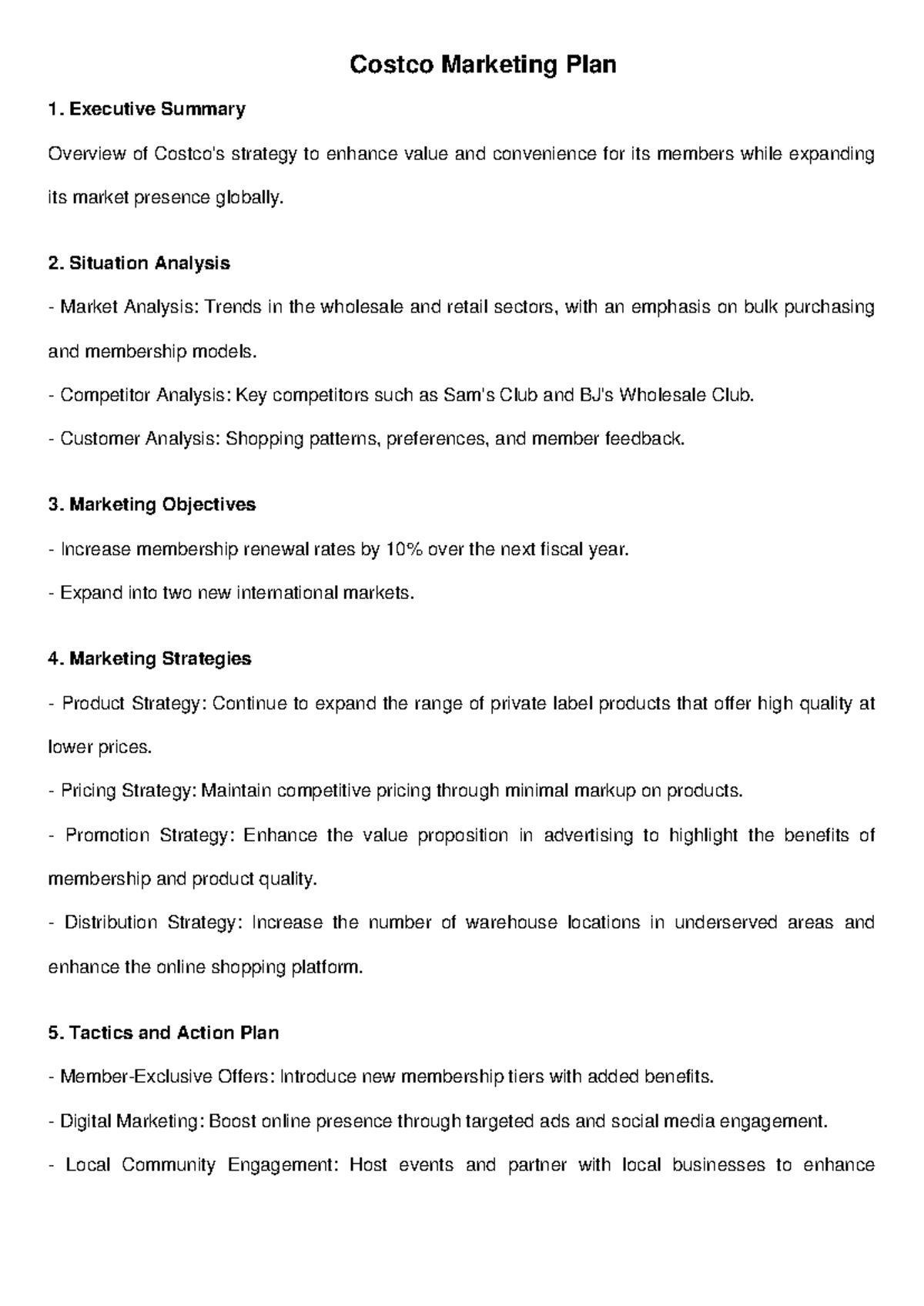 Costco Marketing Plan - Costco Marketing Plan Executive Summary Overview of Costco's strategy to ...