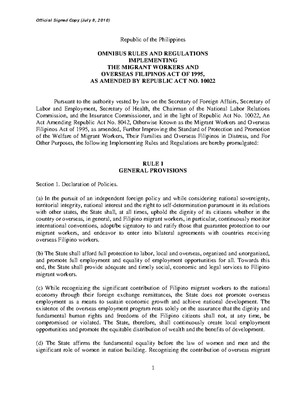 Omnibus IRR of RA 8042 as amended by RA 10022 - Juris Doctor - Studocu