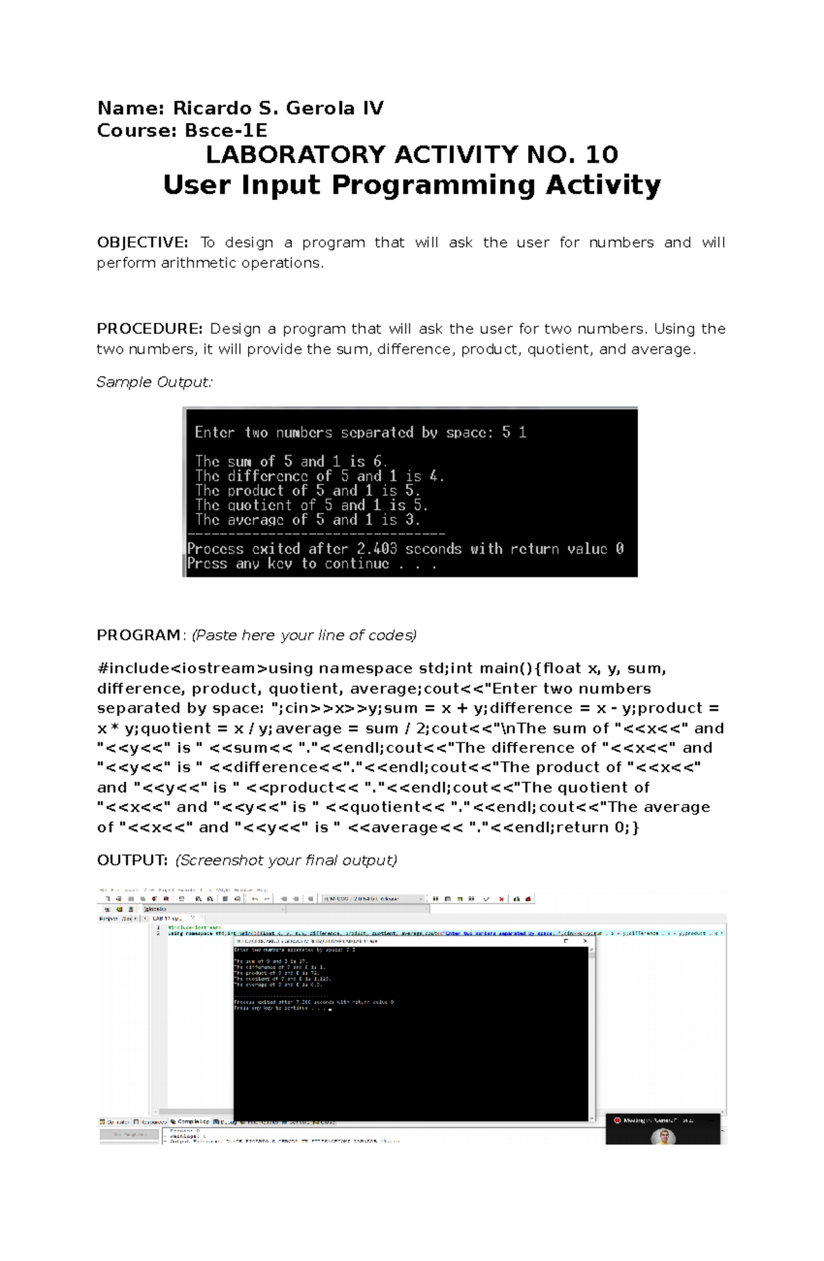 Laboratory Activity NO 10 - Name: Ricardo S. Gerola IV Course: Bsce-1E ...