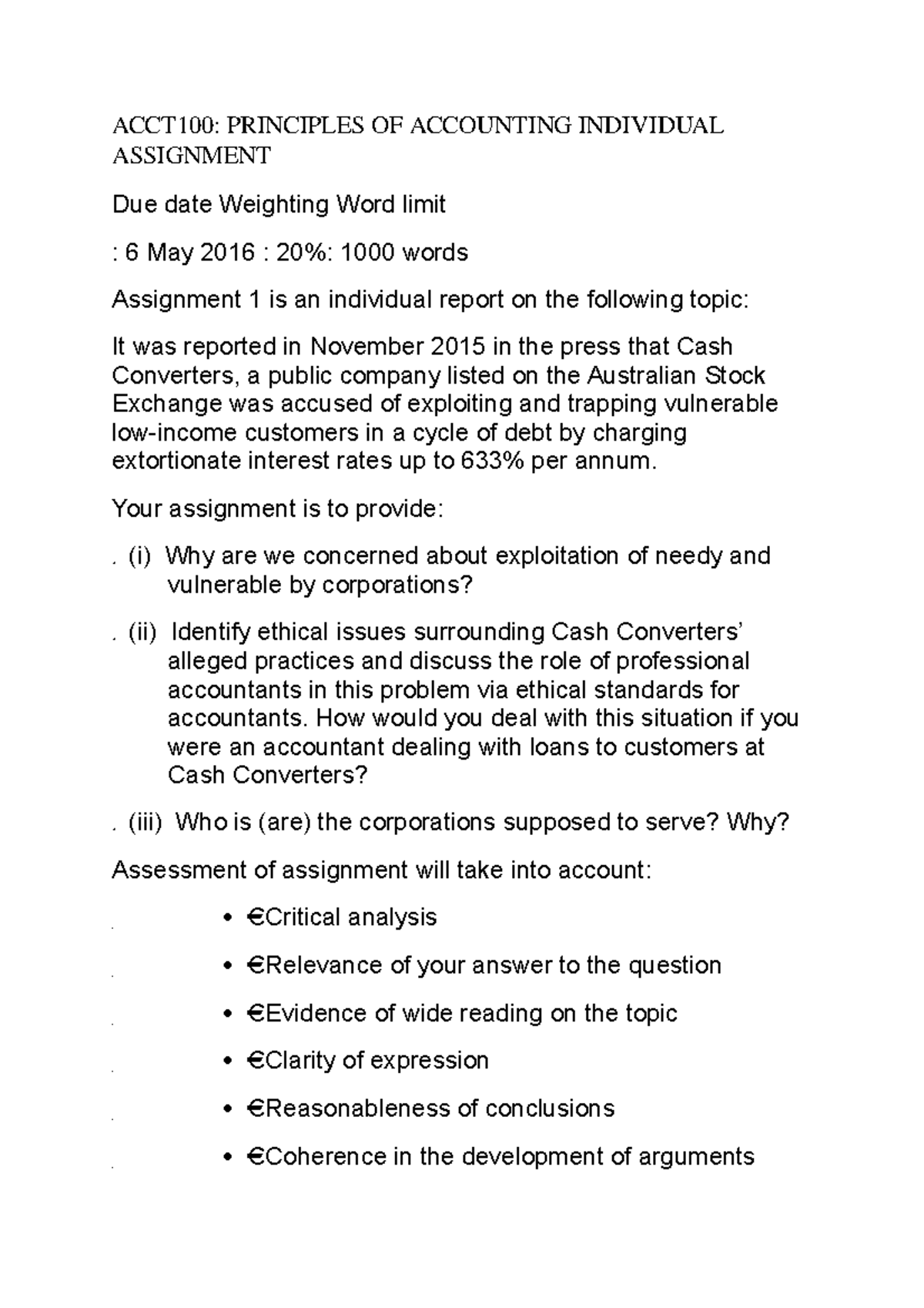 ACCT100 Individual Assessment - Warning: TT: more functions defined than expected ACCT100: - Studocu