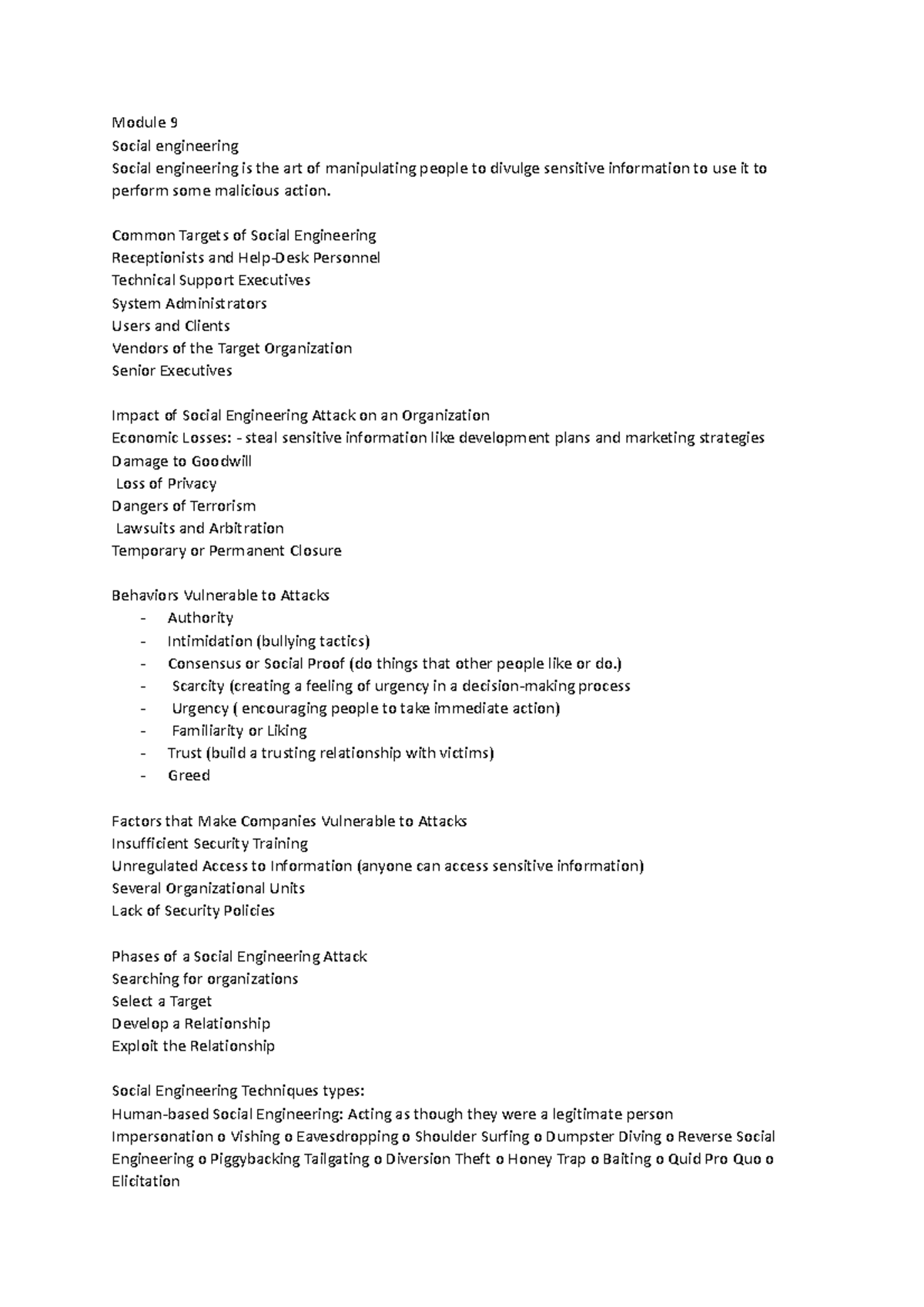 CEH - Module 9-social eng - Module 9 Social engineering Social engineering is the art of - Studocu