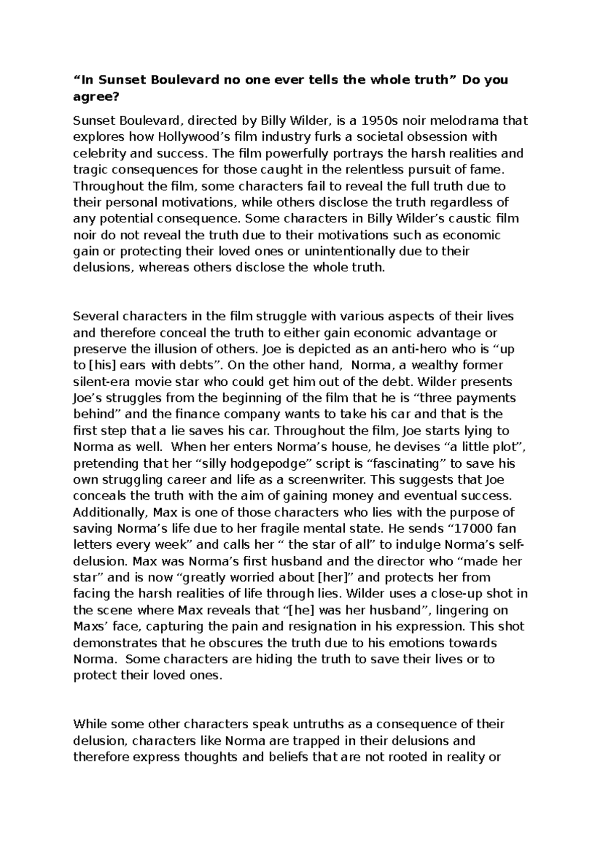 EAL Essay Truth - “In Sunset Boulevard no one ever tells the whole ...