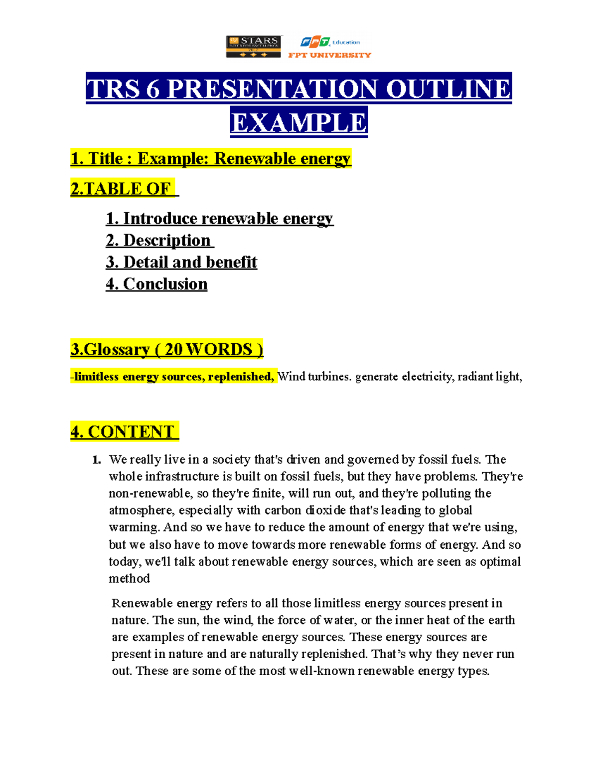 Outline group 7 - fsdgsdg - TRS 6 PRESENTATION OUTLINE EXAMPLE 1. Title ...