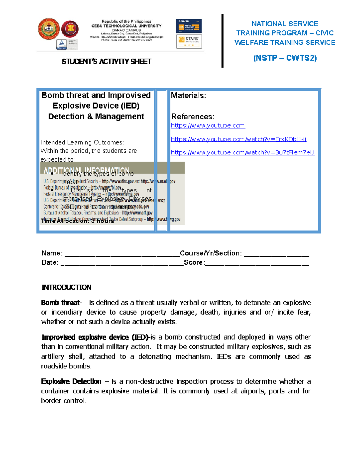 04IED Recognition and Bomb Threat Management - STUDENT’S ACTIVITY SHEET ...
