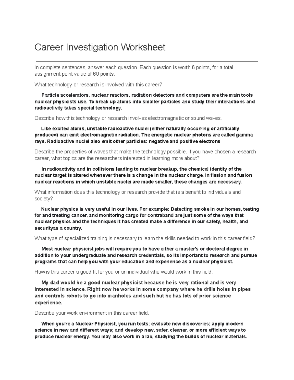 Career Investigation Worksheets