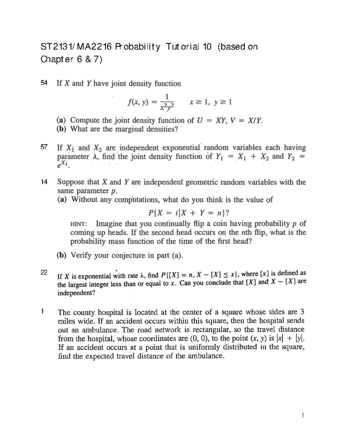 ST2131 Tutorial 10 - ST2131 - ST2131/MA2216 Probability Tutorial 10 (based onChapter 6 & 7 ...