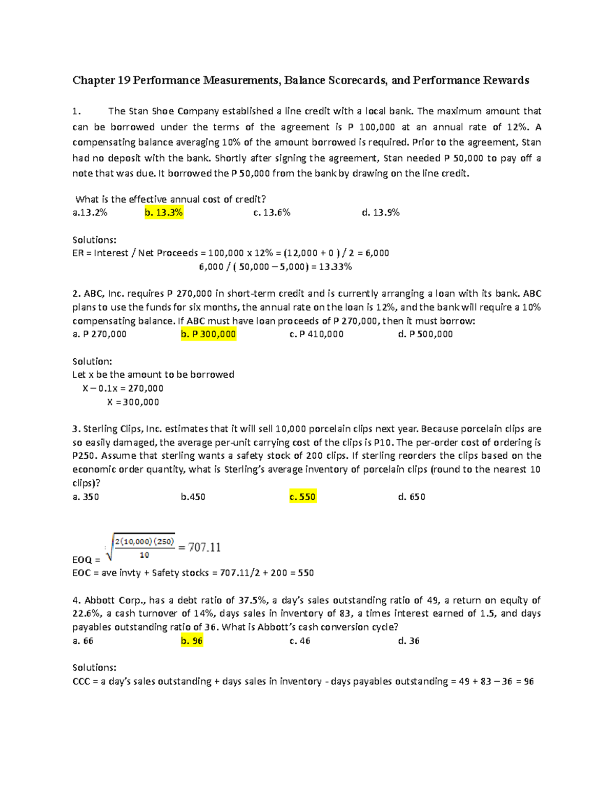 Chapter 19 Multiple Choice - Chapter 19 Performance Measurements, Balance Scorecards, and - Studocu