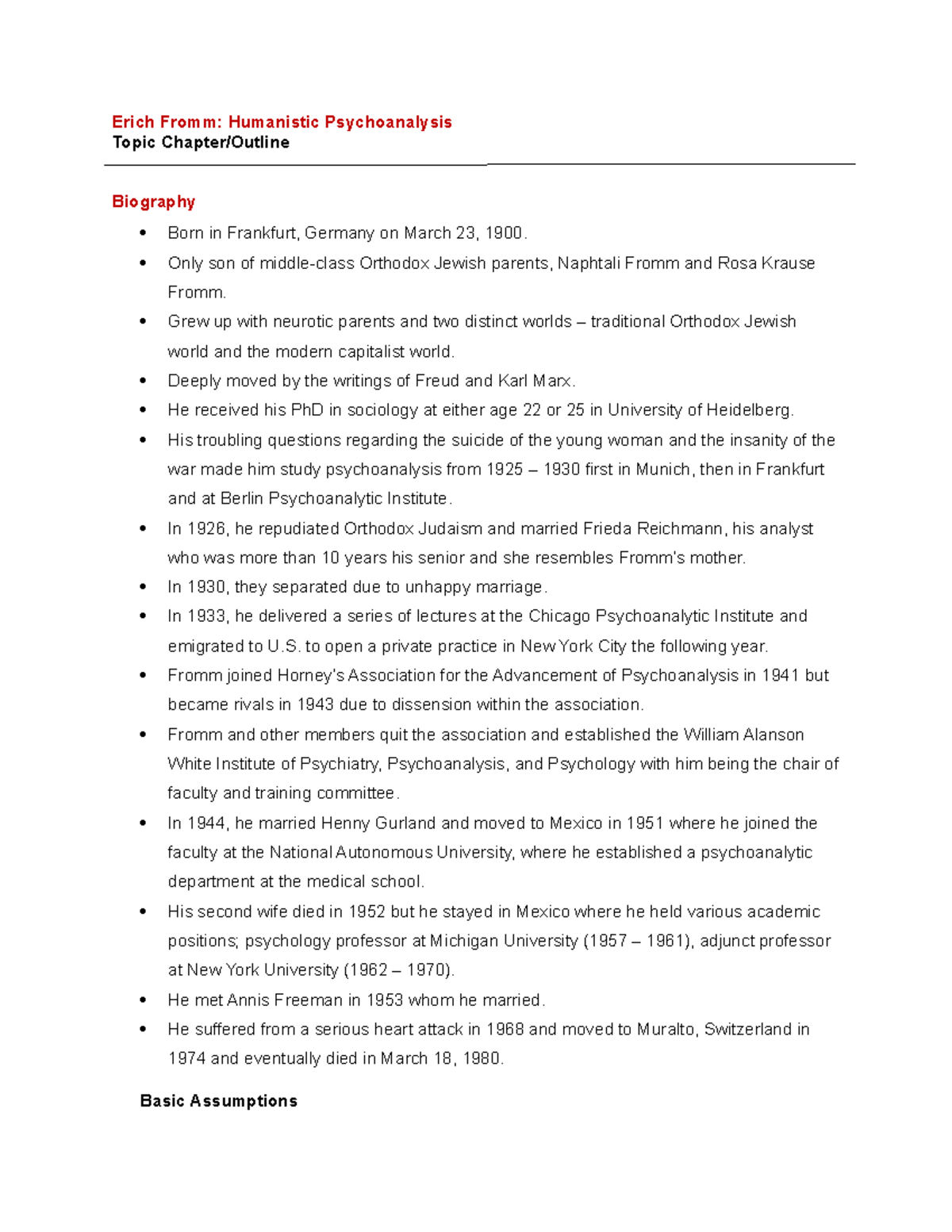 Erich Fromm - Lecture notes 1 - Erich Fromm: Humanistic Psychoanalysis ...