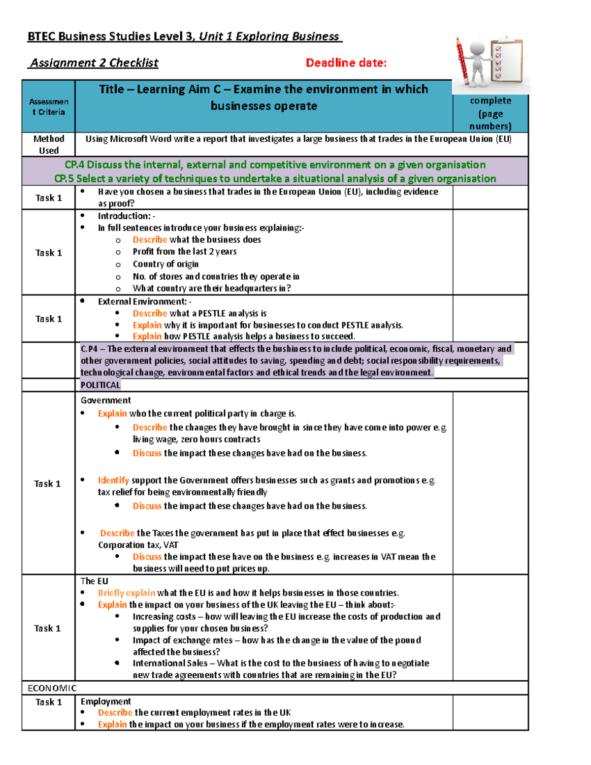 Checklist v4 - fake work - BTEC Business Studies Level 3, Unit 1 ...